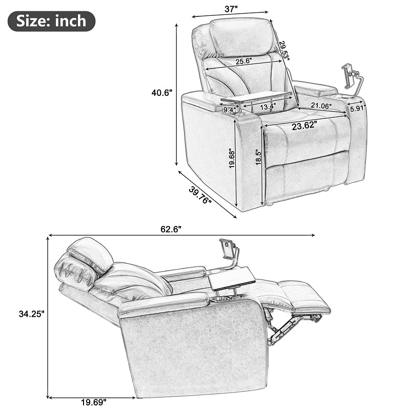 XDT71 Power Home Theater Recliner with Tray Table and Cup Holders ...